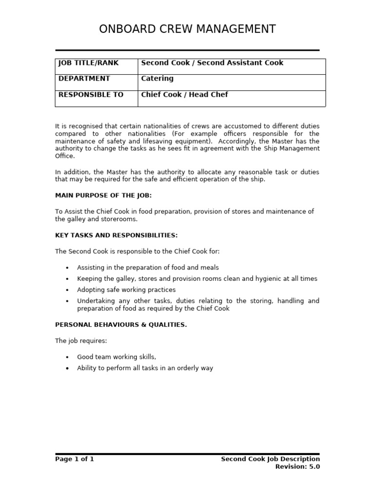 Second Cook Job Description | PDF
