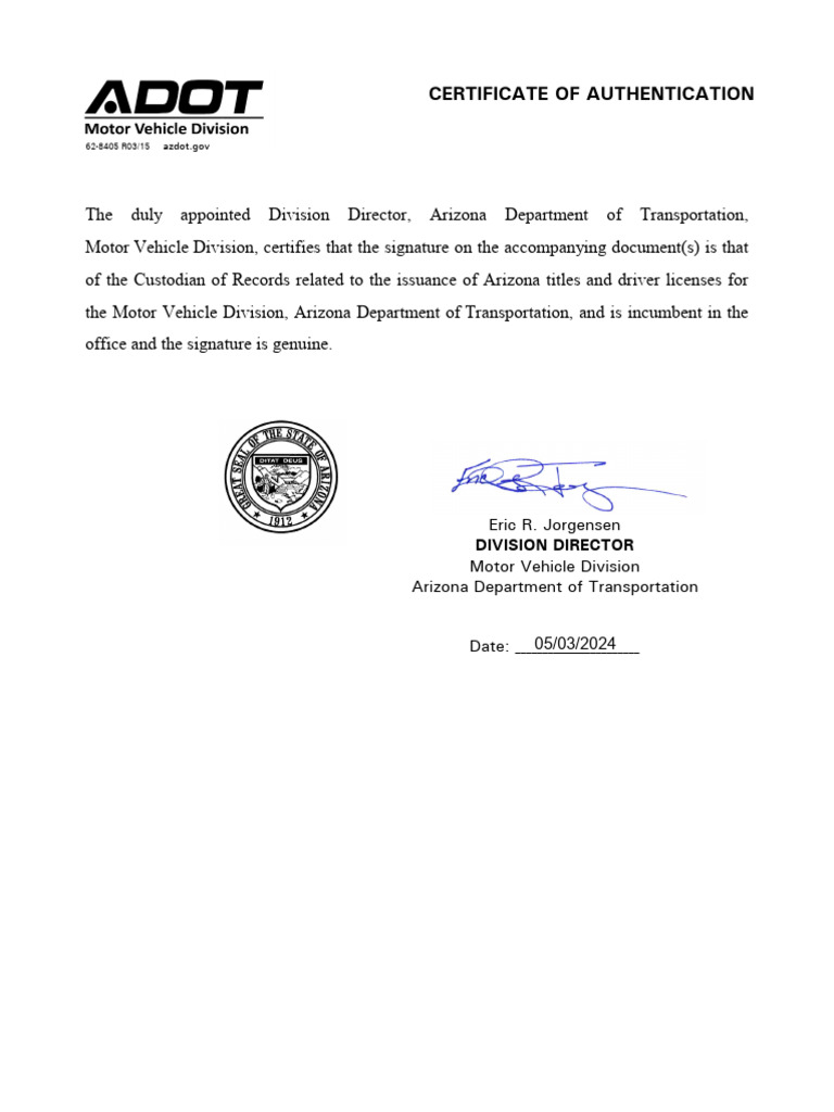 Certificate of Authentication - AZDOT | PDF