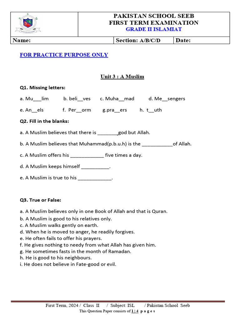 Grade II Islamiat Practice Paper | PDF | God In Islam | Islamic ...
