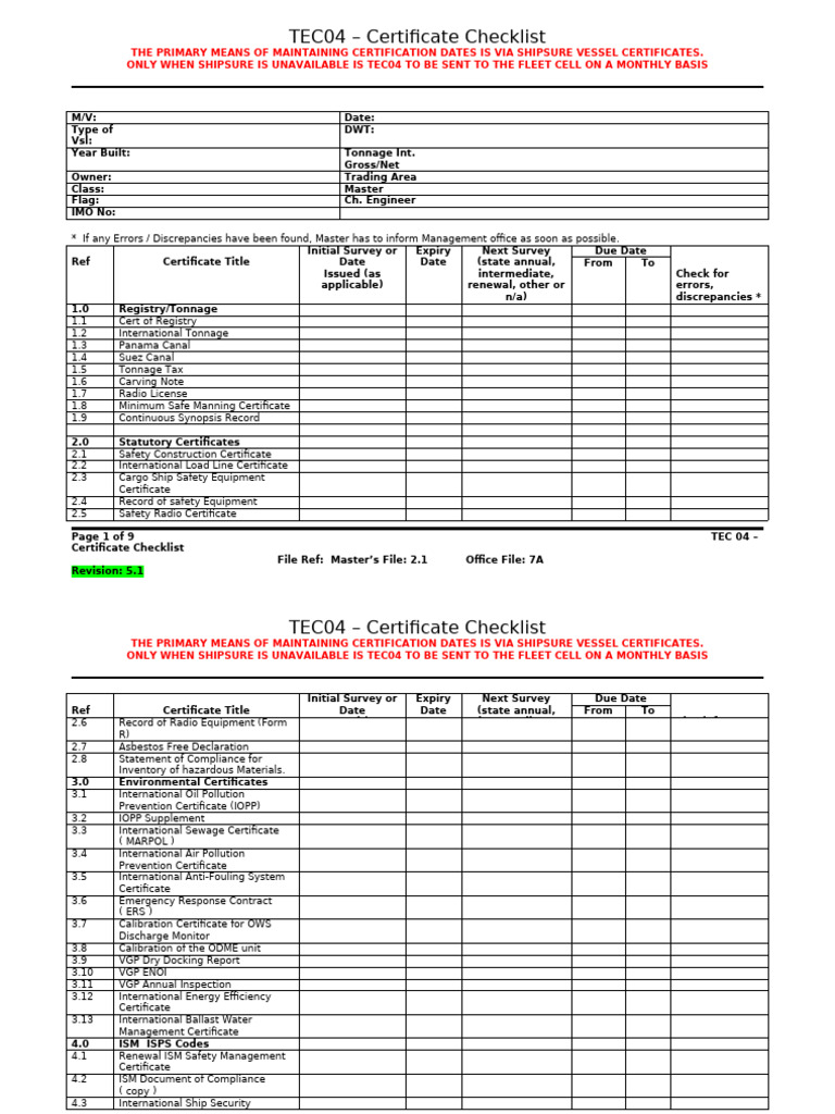 TEC04 Vessel Certification Checklist | PDF | Tonnage | Water Transport