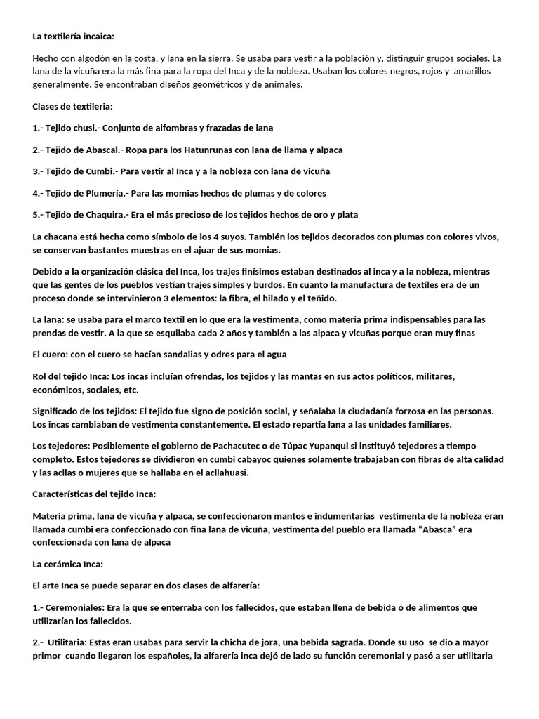 Textilería y cerámica incaica | PDF | Imperio Inca | Textiles
