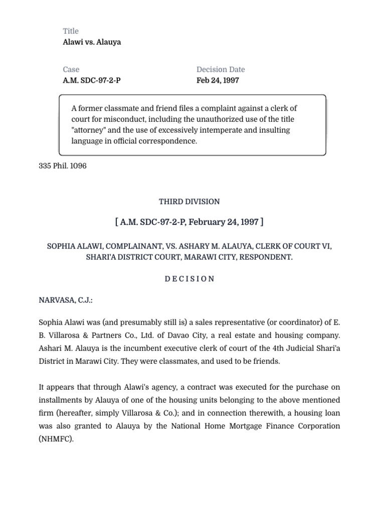 A.M. SDC-97-2-P - Alawi vs. Alauya | PDF | Misrepresentation | Fraud