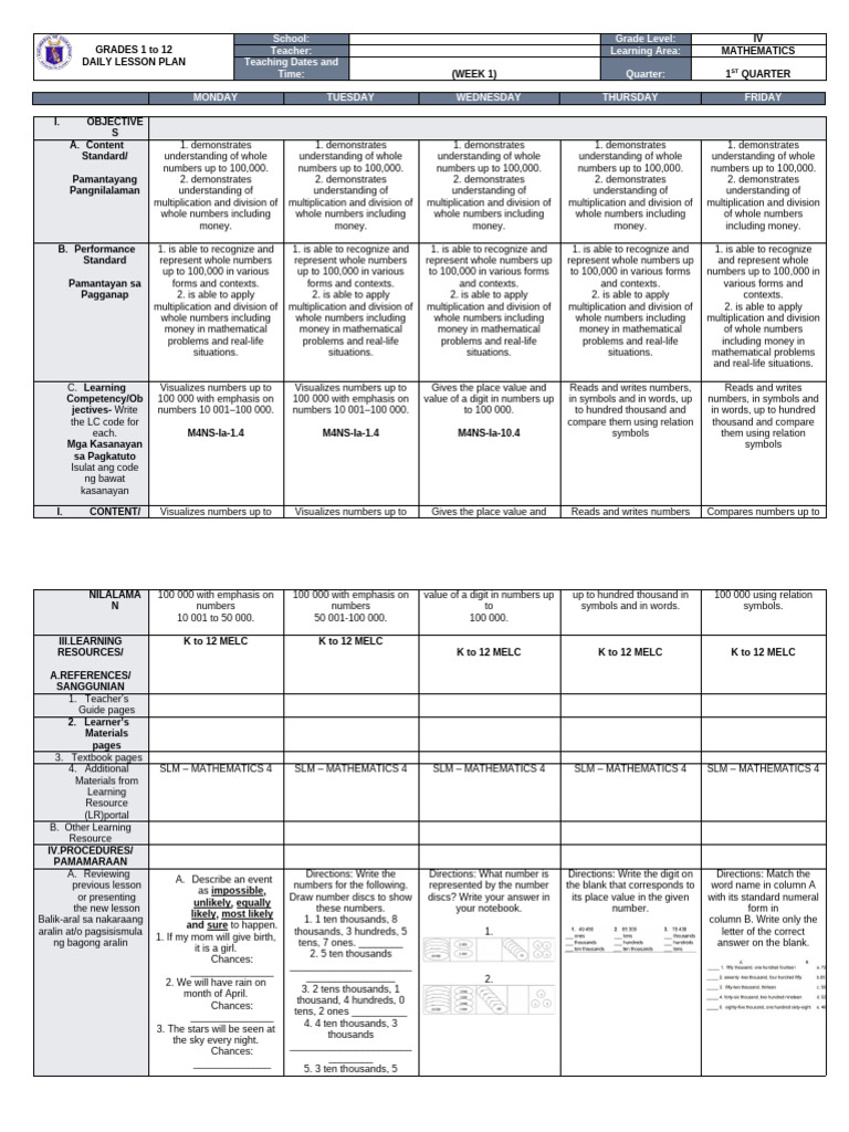 DLP Math 4 Q1 W1 | PDF | Numbers | Lesson Plan