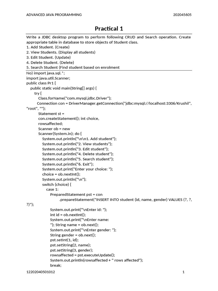 ADV JAVA Practical 1 KRUSHIL | PDF | Software Engineering | Sql