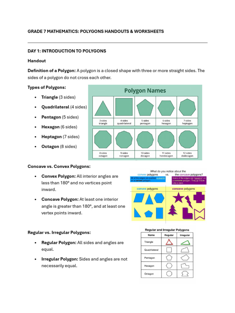 Grade 7 Mathematics Handout Day 1 Polygons | PDF