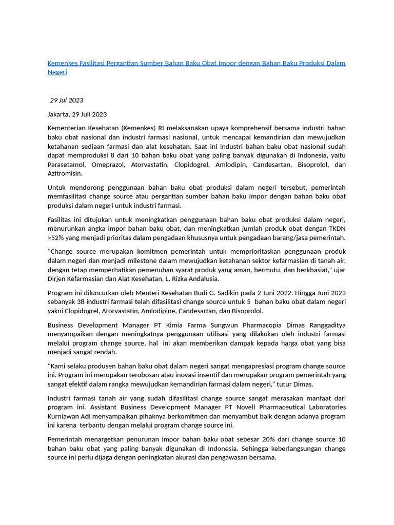 Artikel Kemenkes Fasilitasi Pergantian Sumber Bahan Baku Obat Impor