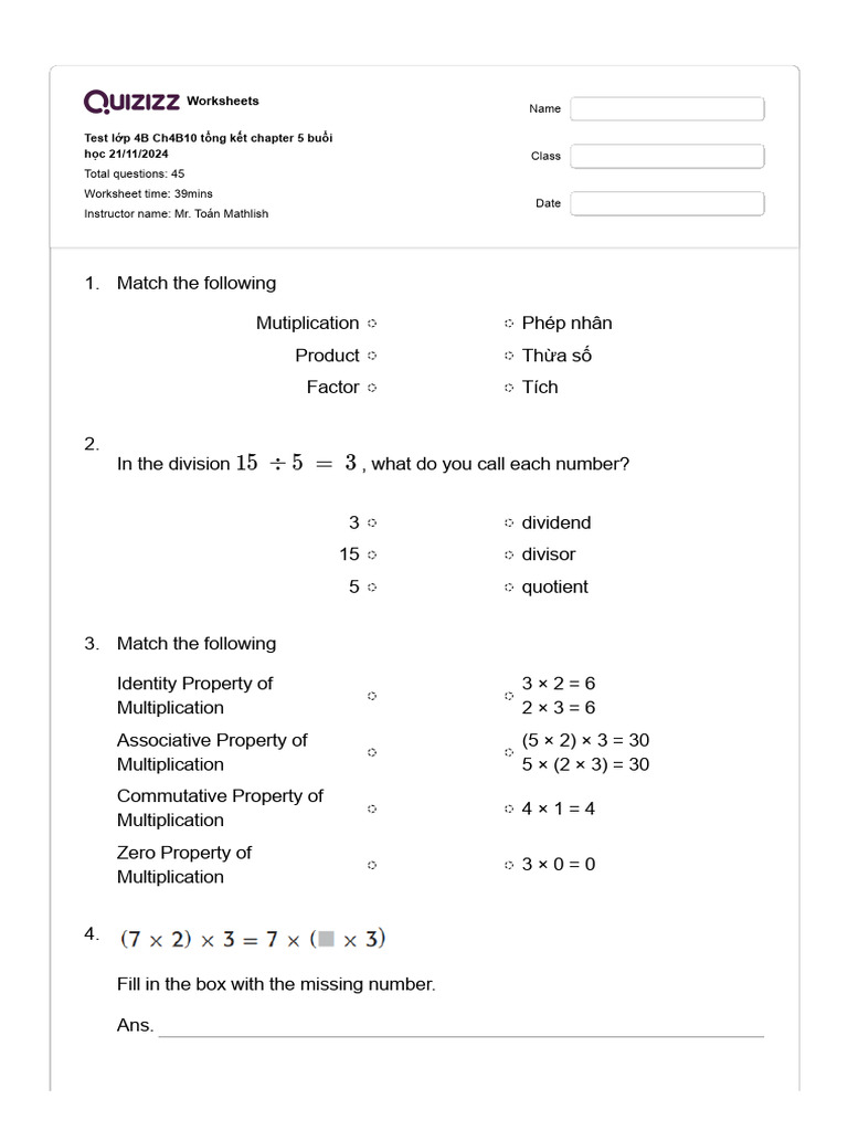 Grade 4 Math Test Worksheet | PDF | Division (Mathematics) | Arithmetic