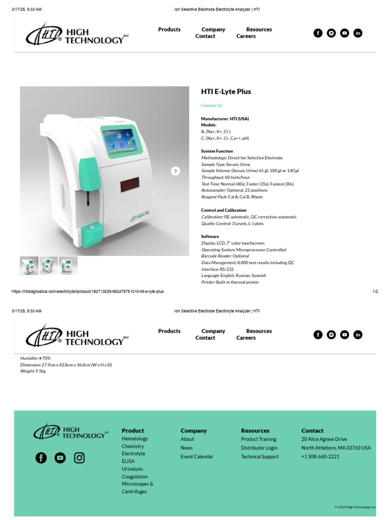 HTI E-Lyte Plus Analyzer Overview | PDF | Electrolyte