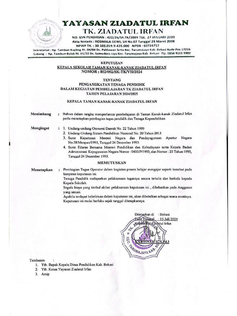 SK Sekolah TK Zi Bu Ika Bu Fajriah | PDF