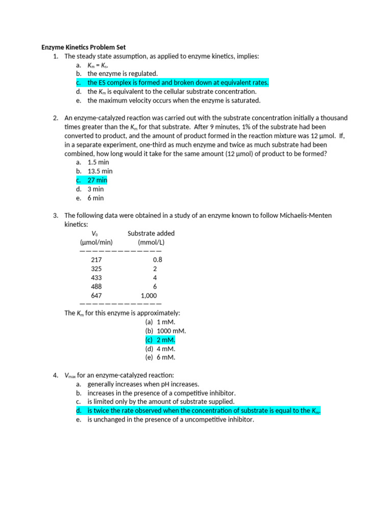 Enzyme Kinetic Problems Biochem | PDF | Enzyme Inhibitor | Enzyme Kinetics