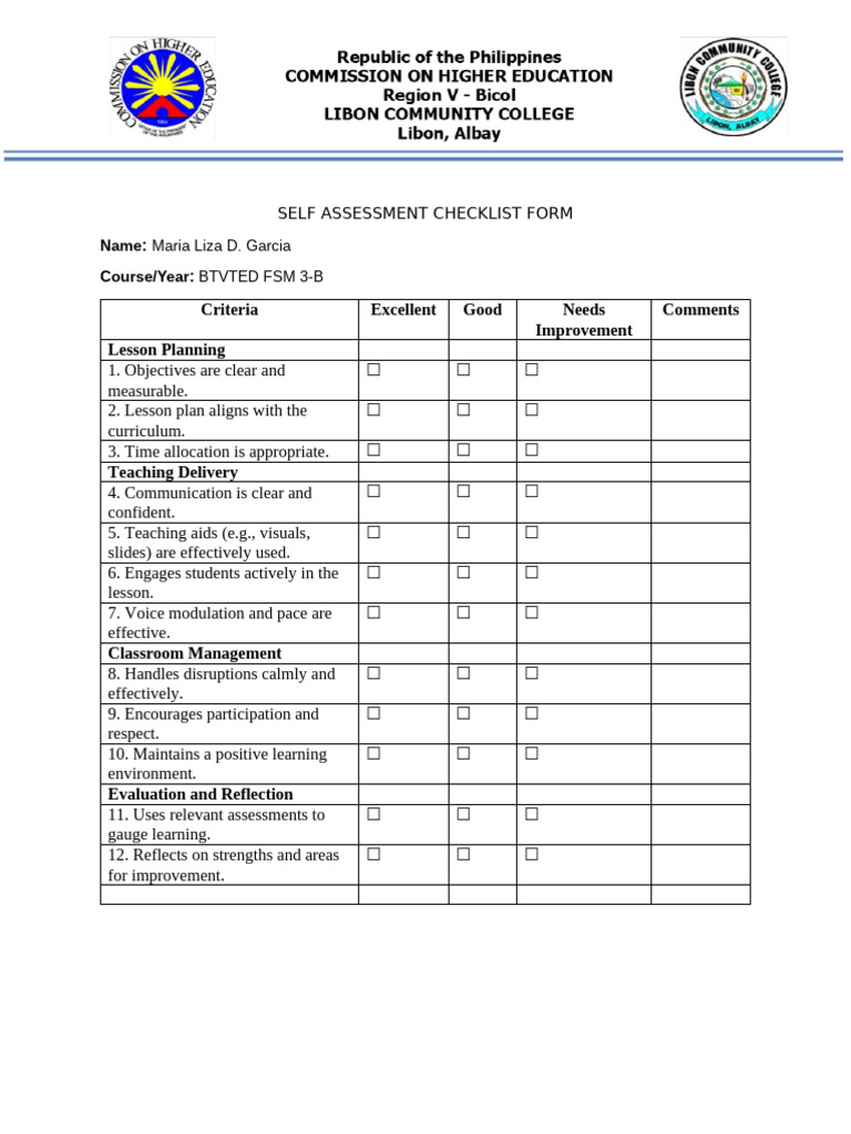 Student Self-Assessment Checklist | PDF