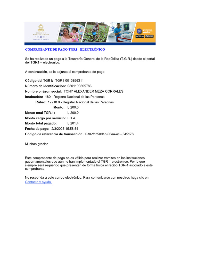 Comprobante de Pago Electrónico TGR-13926311 | PDF