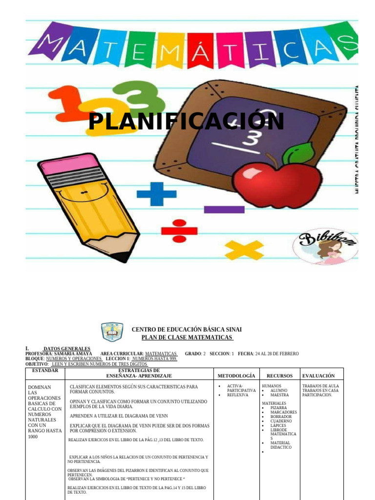 FORMATO PLAN DE CLASES SINAI 2025 (1)MATE | PDF | Educación primaria | Enseñando