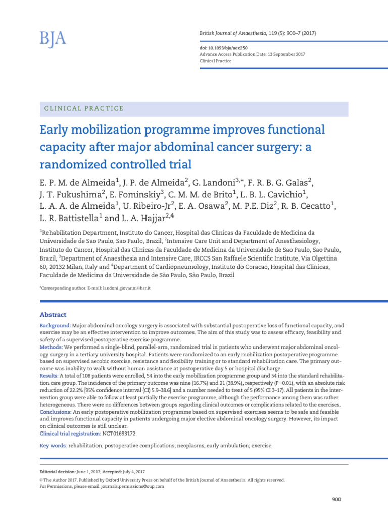 Early mobilization programme improves functional CANCER SURGERY | PDF ...