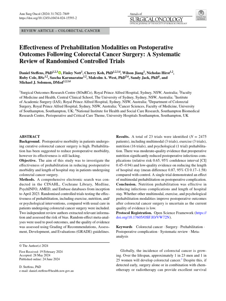 Effectiveness of Prehabilitation Modalities on Postoperative Outcomes Following Colorectal ...