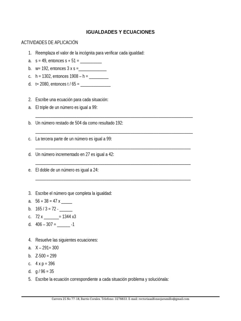 Igualdades y Ecuaciones - Actividades de Aplicación | PDF
