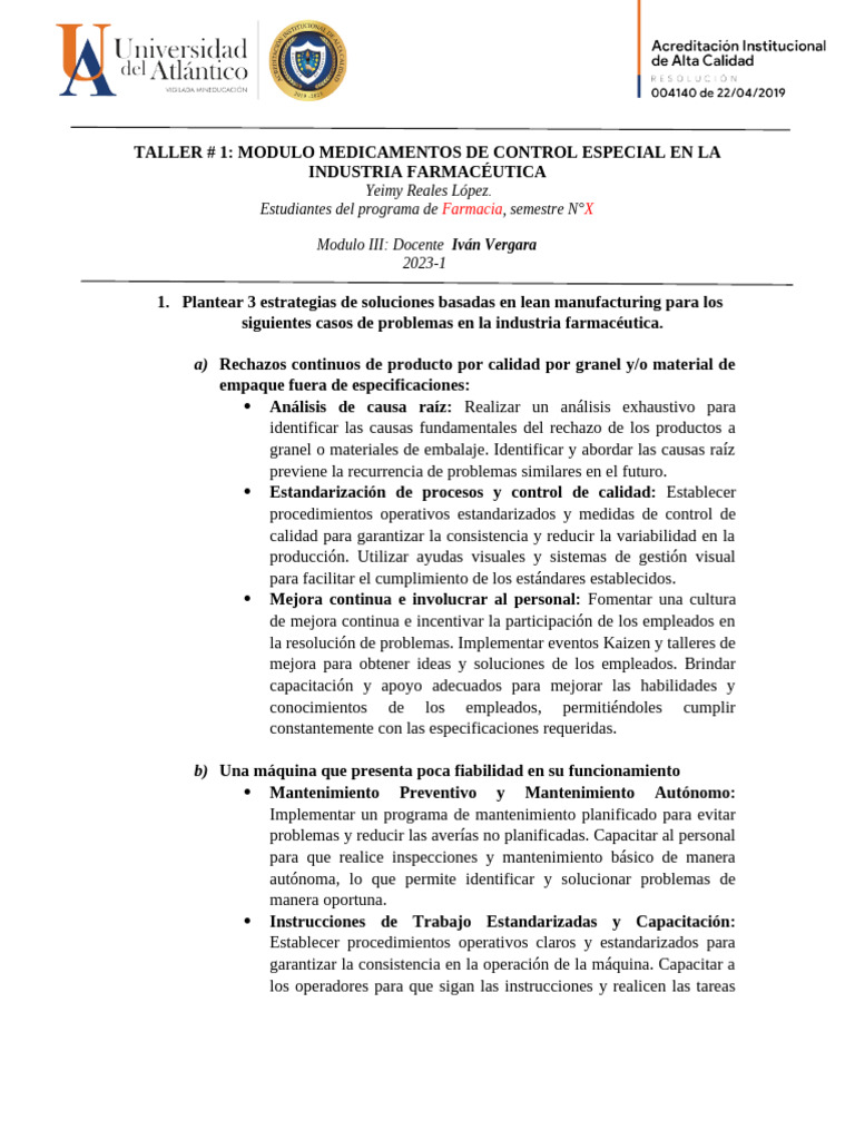 TALLER Modulo III | PDF | Lean Manufacturing | Calidad (comercial)