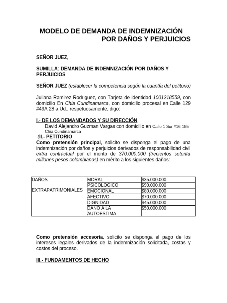 MODELO DE DEMANDA DE INDEMNIZACIÓN POR DAÑOS Y PERJUICIOS KN | PDF | Daños y perjuicios | Justicia