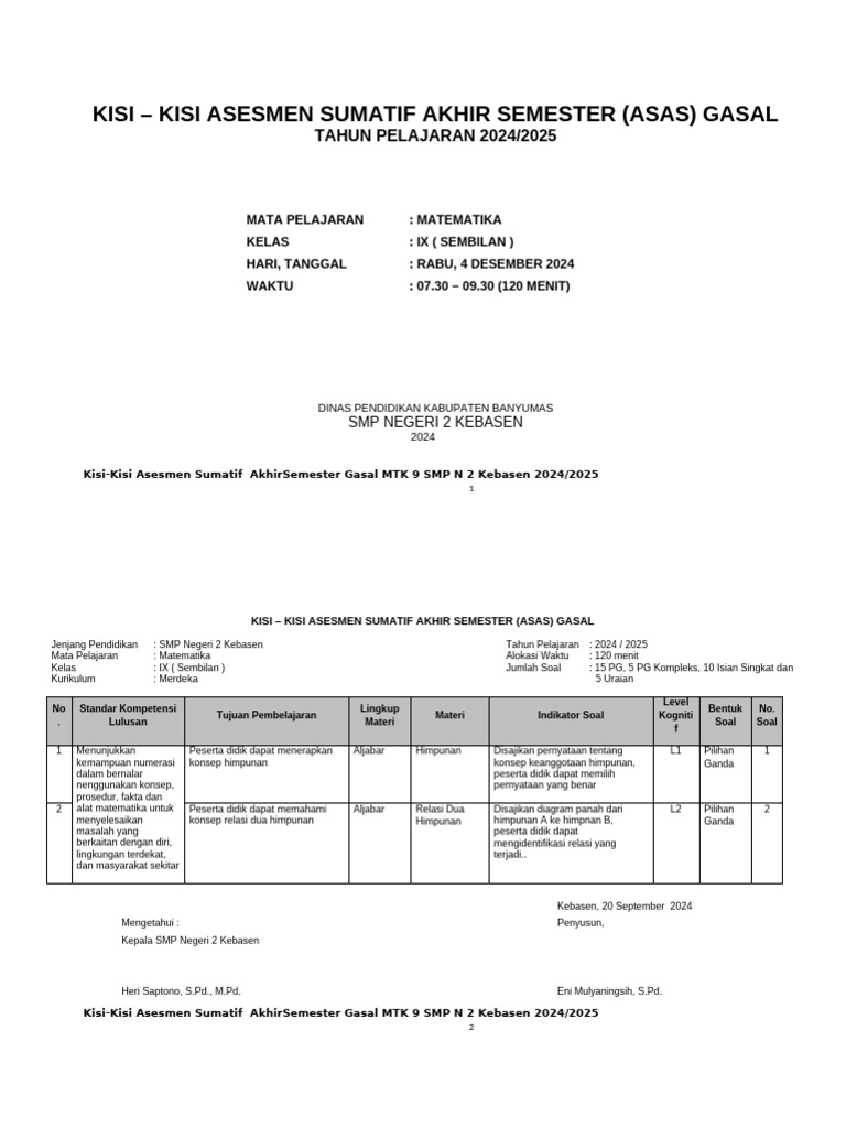 Format Kisi - Kisi Asas Gasal | PDF