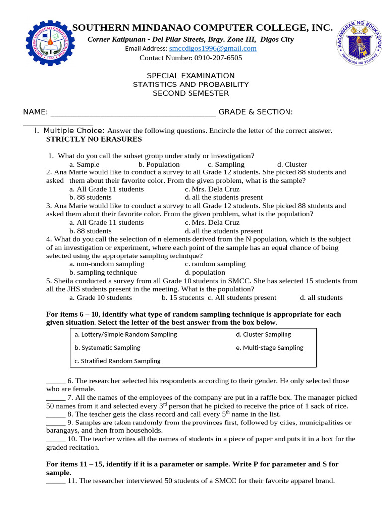 2nd EXAM STAT & PROB Special | PDF | Sampling (Statistics) | Standard ...