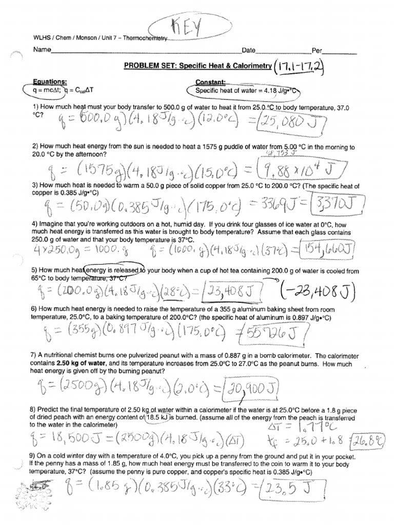 KEY - 17.1-17.2 PROB SET - Specific Heat | PDF