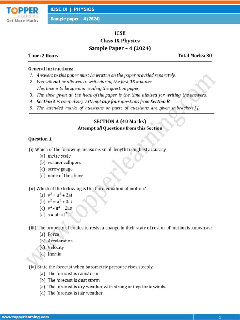 Sample Papers For ICSE Class 9 Physics 2024 #4 Physics ICSE Class 9 Sample Paper ...