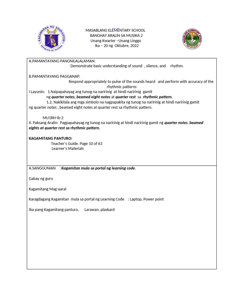 Semi Detailed Lesson Plan in Music 2 K 2 WK 1 | PDF