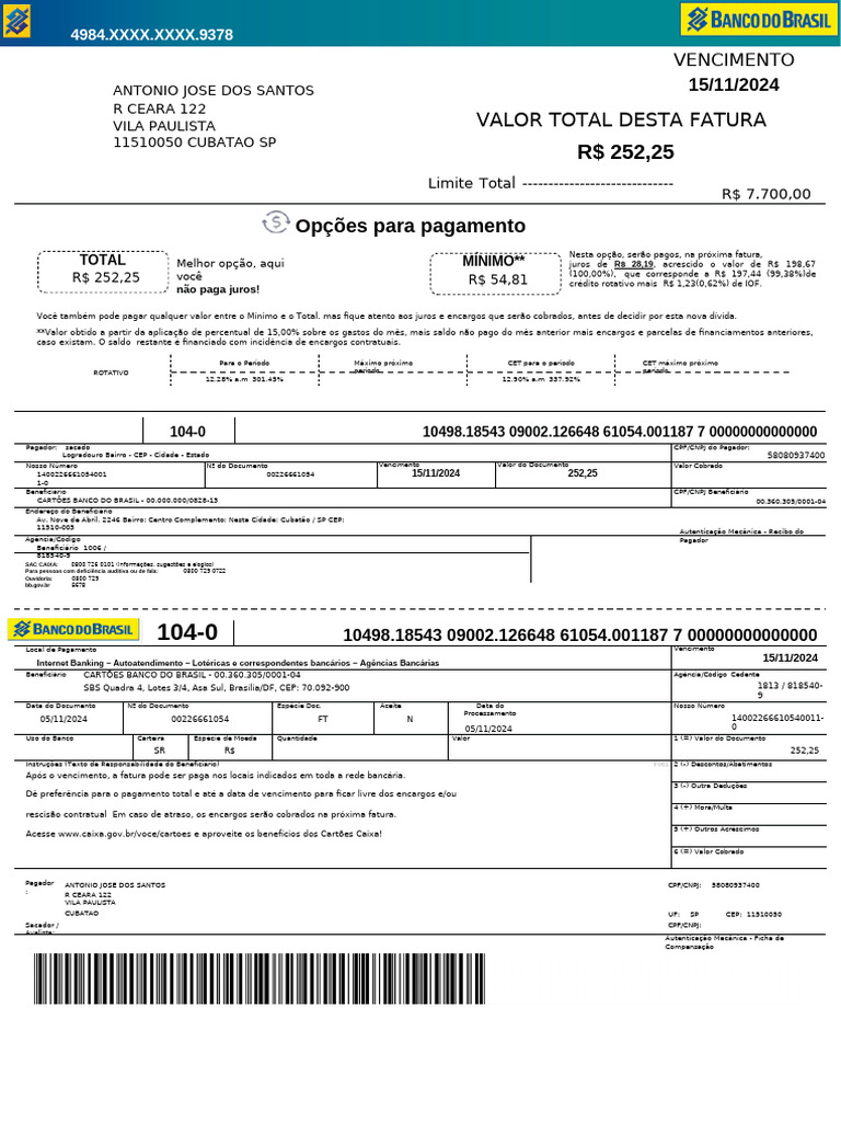 Fatura 2025 BB | PDF | Cartão de crédito | Juros