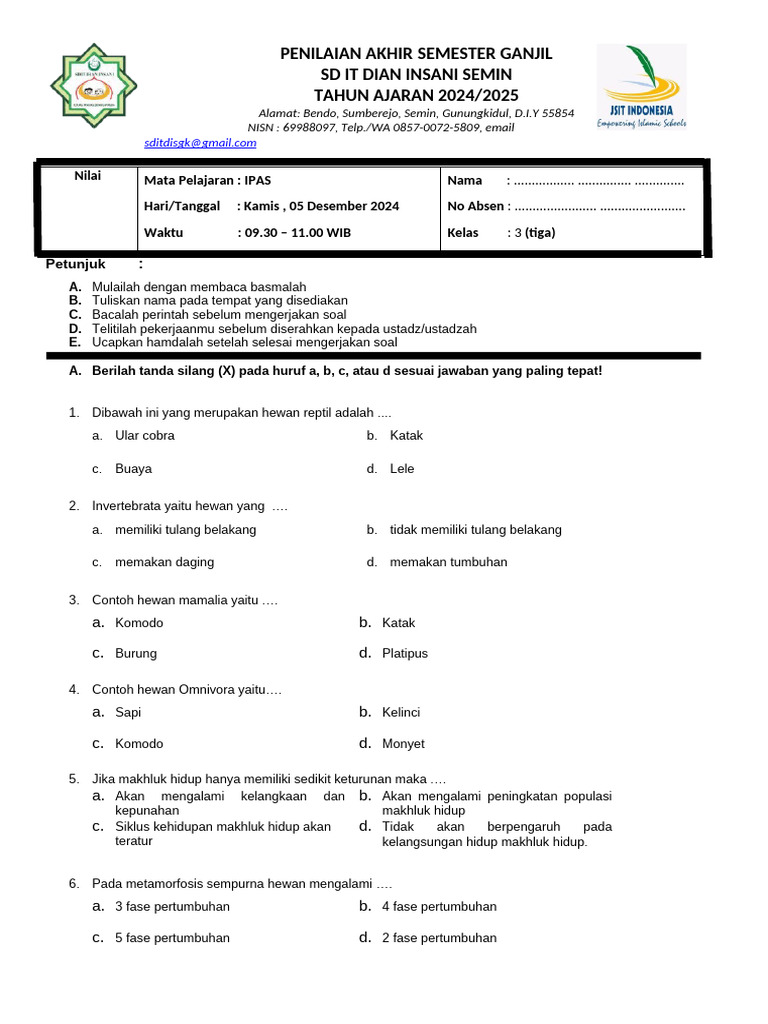 SOAL IPAS ASAS KELAS 3 SMT GANJIL | PDF