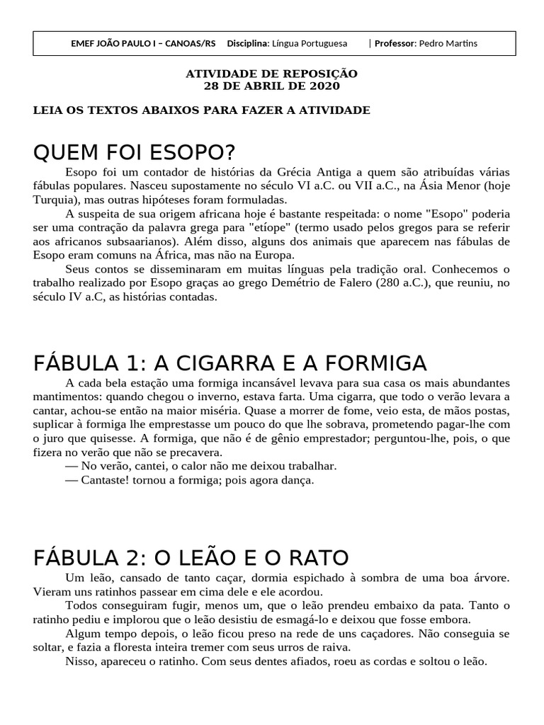 Fábulas de Esopo: Ensinamentos e Personagens | PDF | Esopo