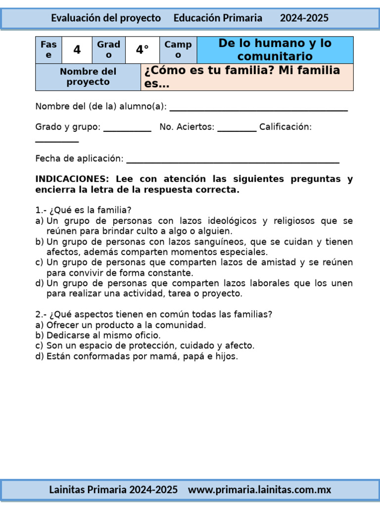 Evaluación: Proyecto "¿Cómo es tu familia?" | PDF