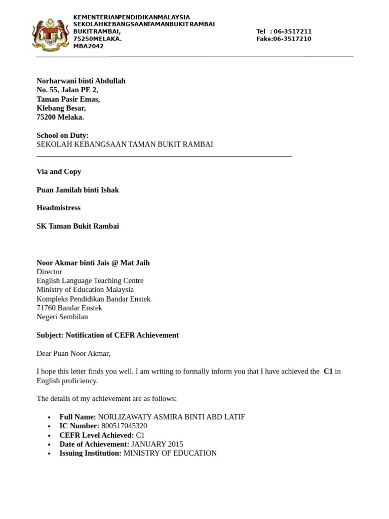 CEFR C1 Achievement Notification Letter | PDF