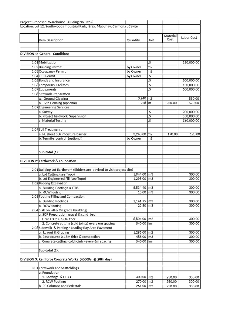 Warehouse Construction Proposal Breakdown | PDF | Plumbing | Masonry
