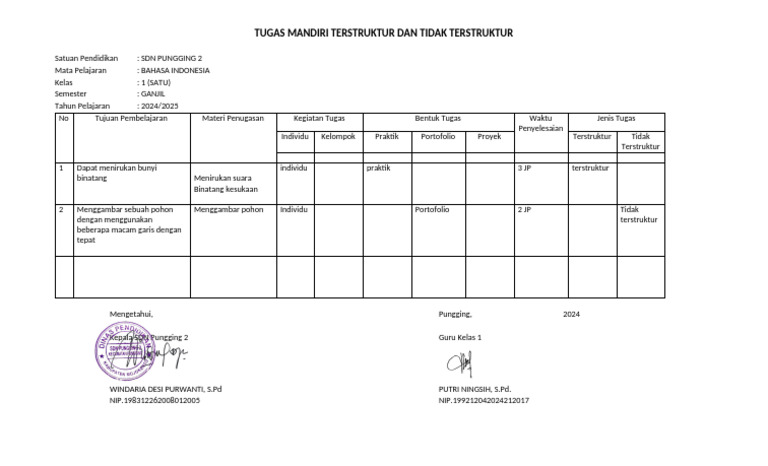 TUGAS MANDIRI TERSTRUKTUR DAN TIDAK TERSTRUKTUR KELAS 1 | PDF