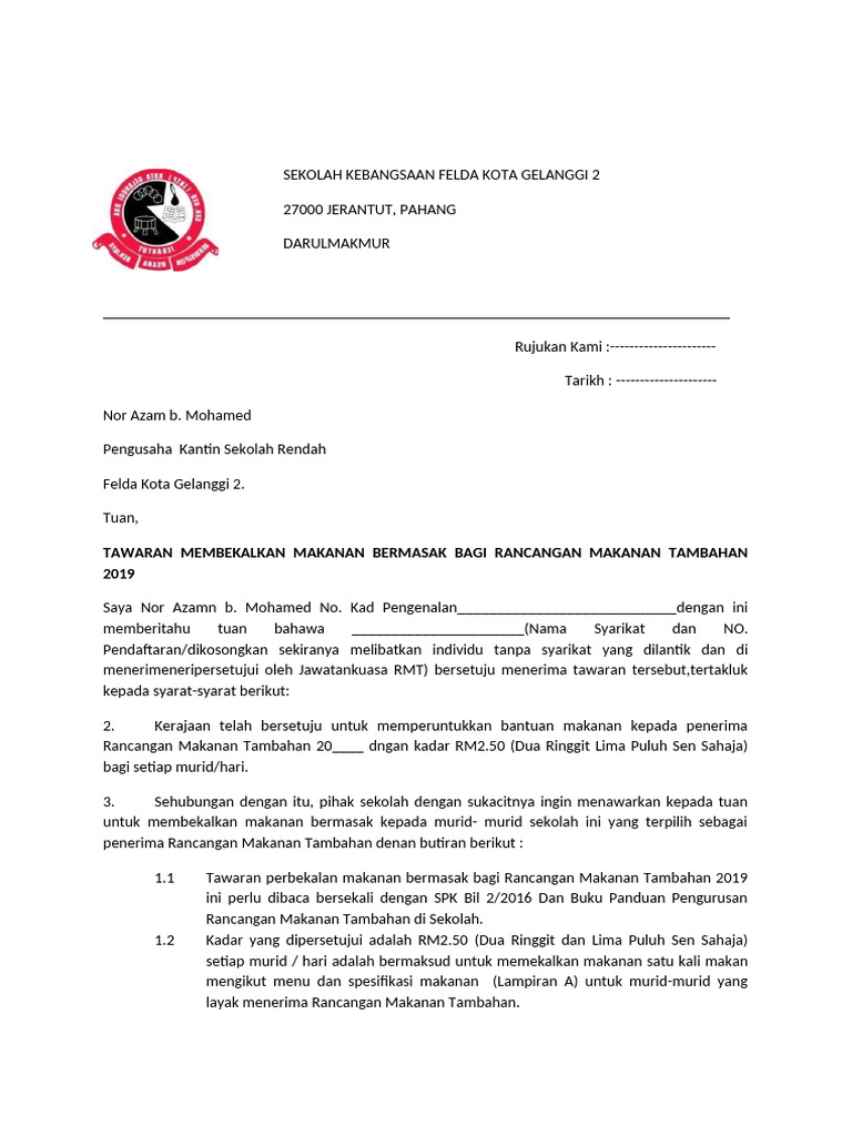 Surat Setuju Terima Pembekal RMT | PDF
