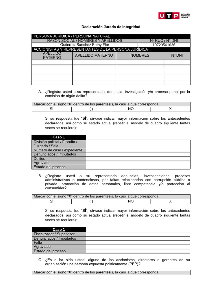 Declaraci_n Jurada de Integridad | PDF | Ministerio (Departamento de Gobierno) | Oficial general