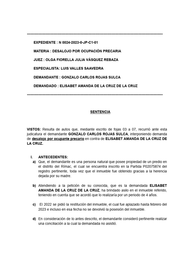 Desalojo por Ocupación Precaria en Rímac | PDF | Demanda judicial | Ley ...