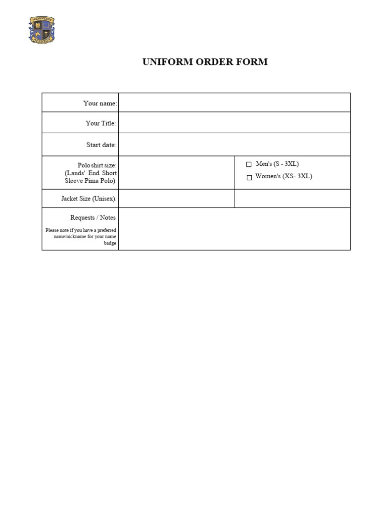 Uniform Order Form for Apparel | PDF