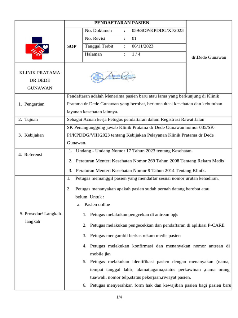 Sop Pendaftaran Pasien Rev | PDF