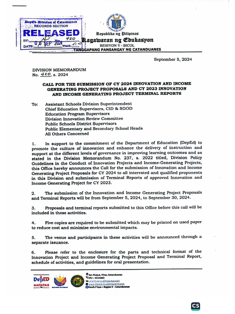 DM No. 420 s.2024 Call for Submission of Cy 2024 Innovation Income Generating Project Proposals ...