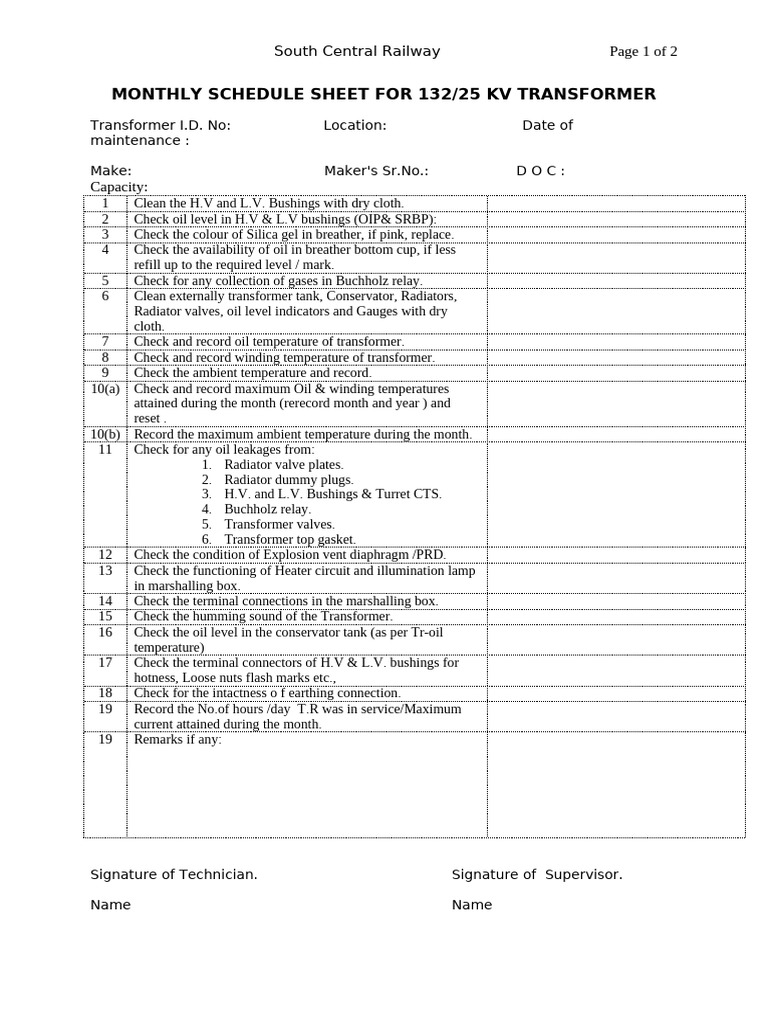 Monthly Transformer Maintenance Checklist | PDF
