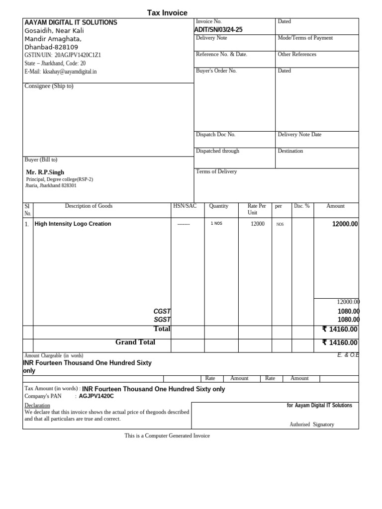 Bill Logo Degree College Jamadoba 14000 | PDF | Invoice | Economy Of India