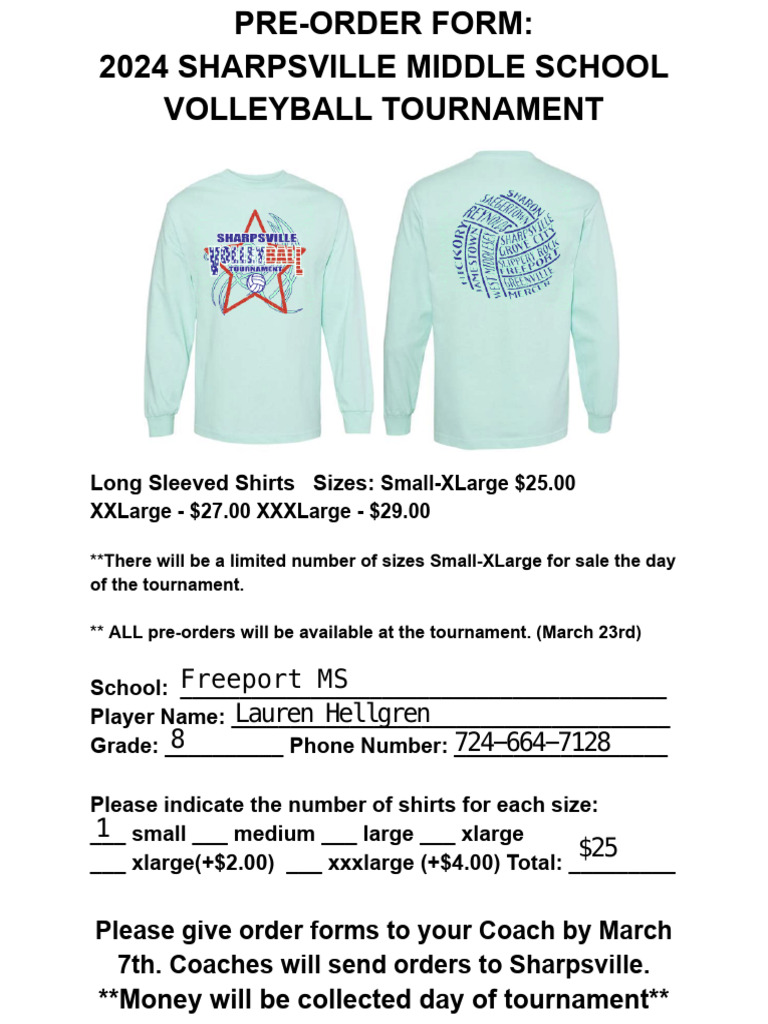 2024 Pre-Order Form - Sharpsville Middle School Volleyball Tournament | PDF