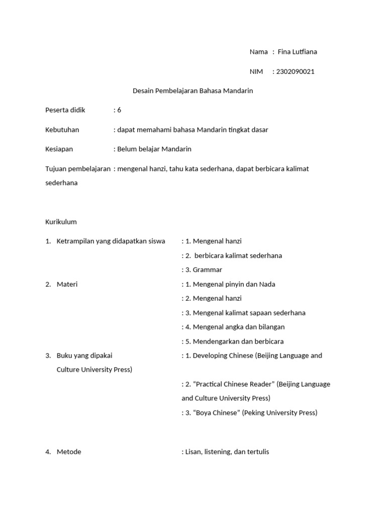 tugas Desain Pembelajaran Bahasa Mandarin (1) | PDF
