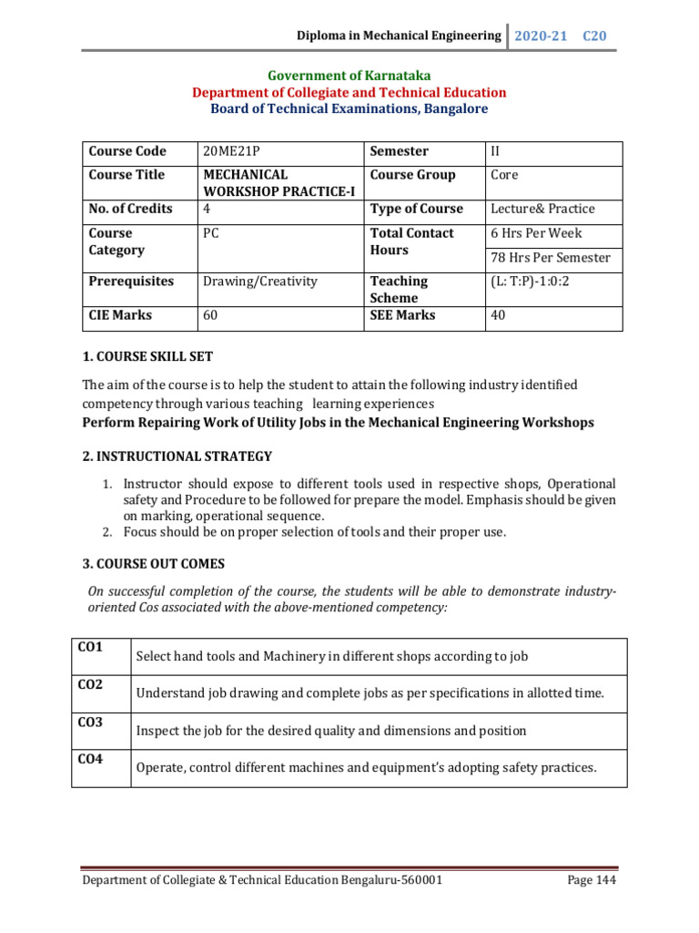 Mechanical Workshop Practice-I - 20me21p | PDF | Welding | Construction