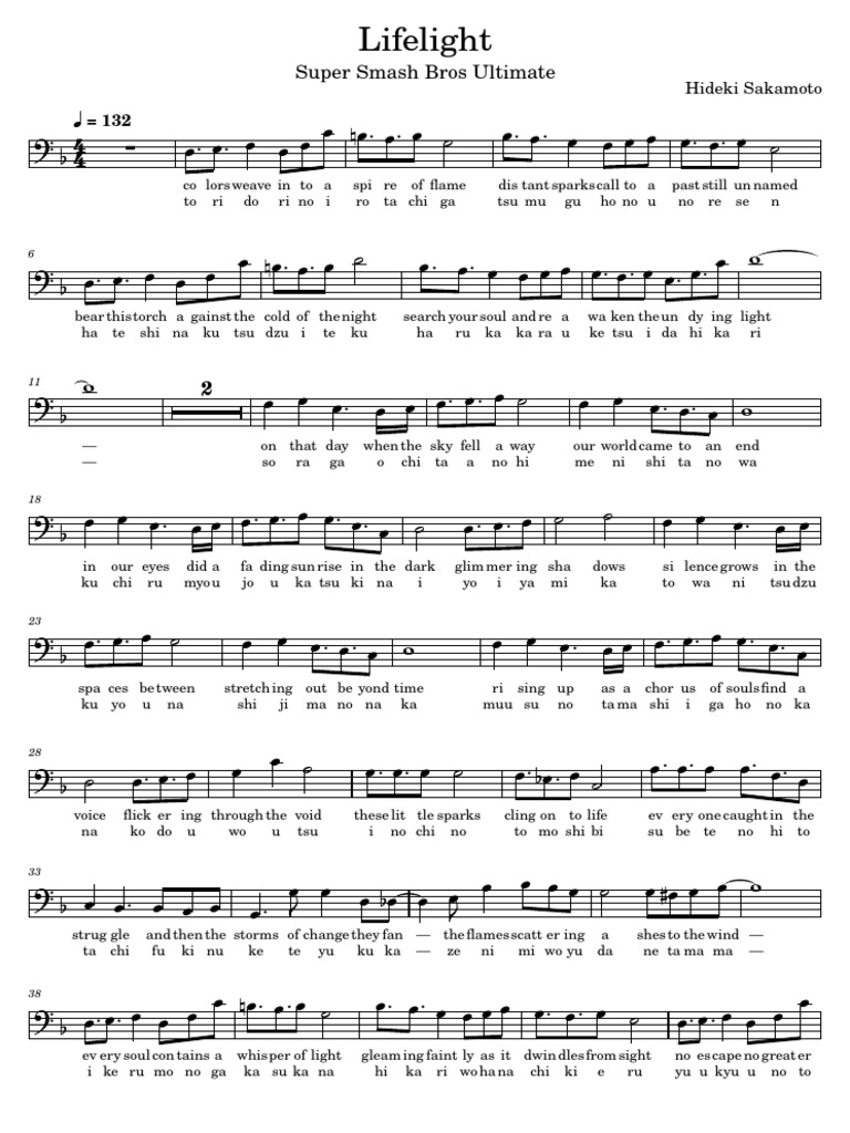 Super Smash Bros Ultimate - Lifelight (Bass Clef, ENG+JP Lyrics) | PDF