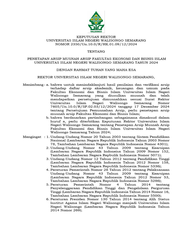SK REKTOR NOMOR 2350 TAHUN 2024 TENTANG PENETAPAN ARSIP MUSNAH ARSIP FAKULTAS EKONOMI DAN BISNIS ...