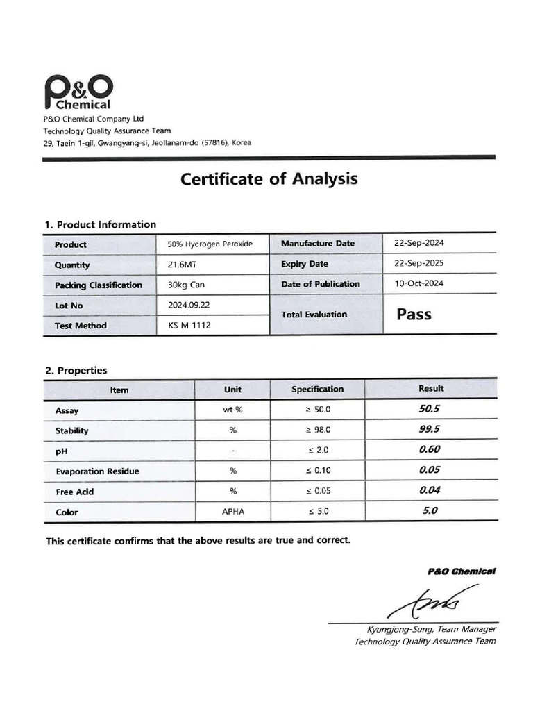 COA Hydrogen Peroxide (H2O2) 50 Ex. Korea | PDF