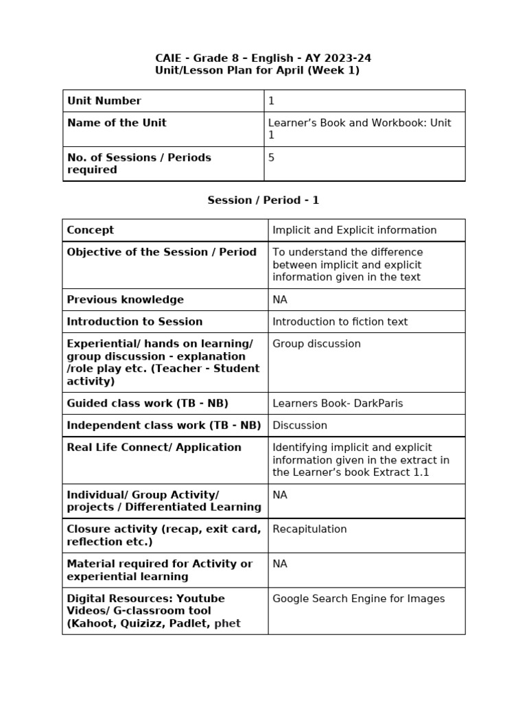 Unit 1 - Unit Plan - Grade 8 - English- CAIE (AY 2024-25) April-Week 1 ...