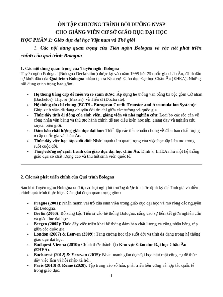 Đề cương ÔN TẬP CHƯƠNG TRÌNH BỒI DƯỠNG NVSP CHO GV cơ sở GDĐH | PDF